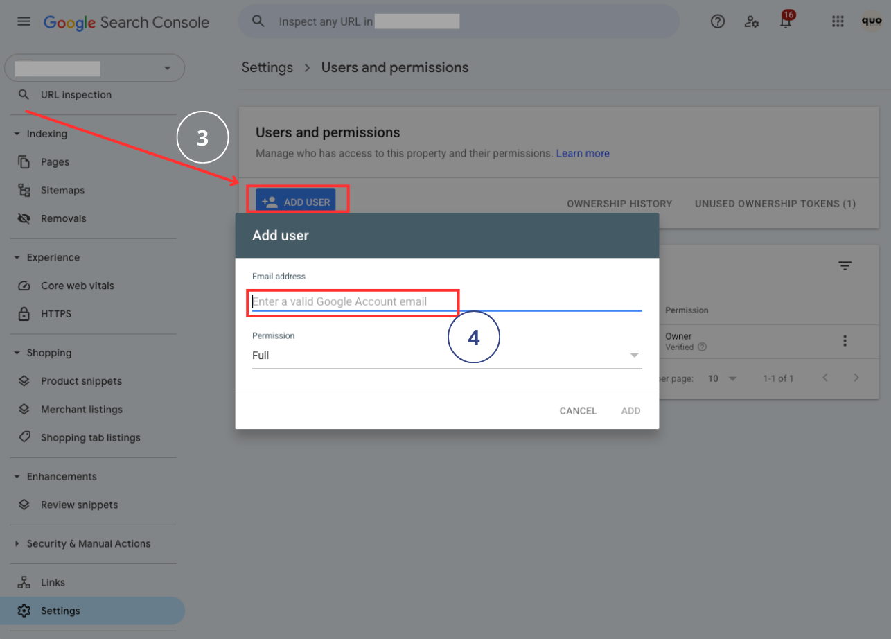 How to add user to google search console - quo build